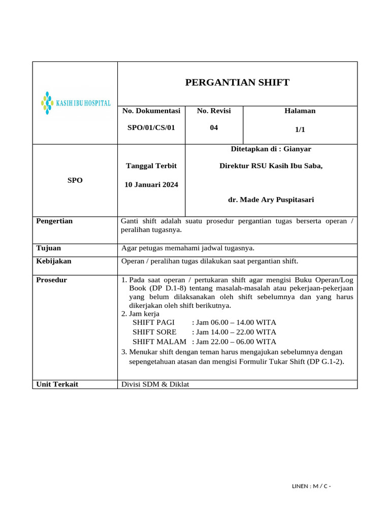 SPO 1.pergantian Shift | PDF