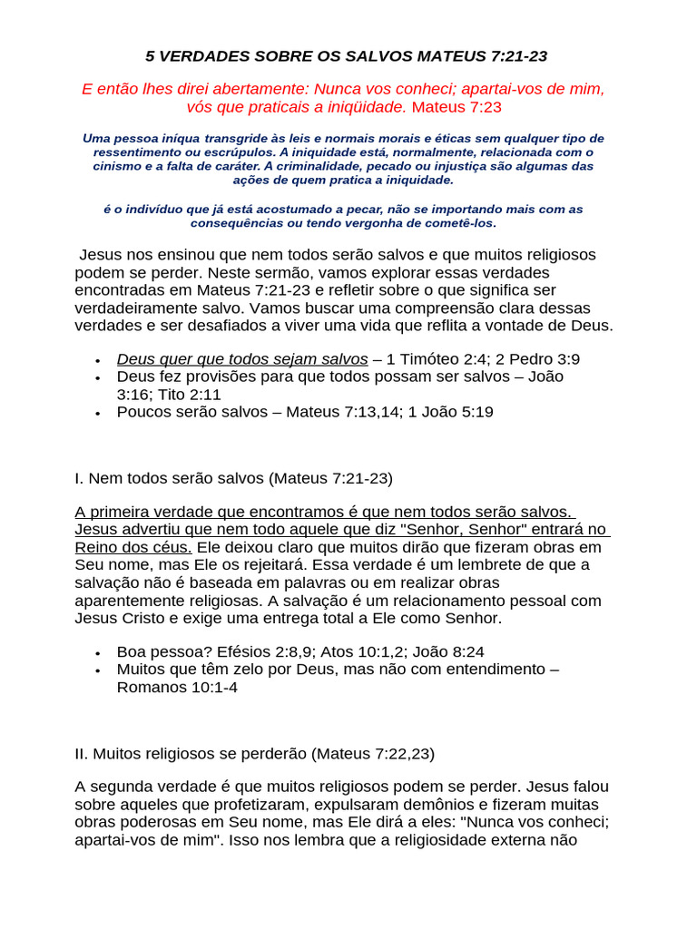 5 Verdades Sobre Os Salvos Mateus 7 | PDF