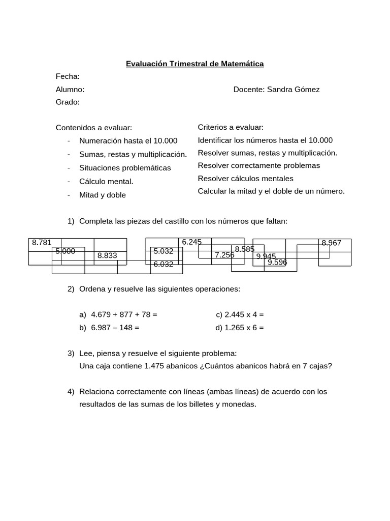 Evaluación Trimestral de Matemática | PDF
