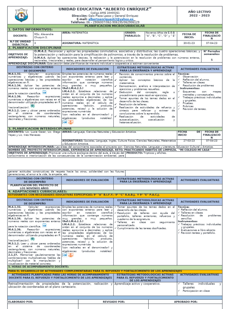 Planificación Microcurricular P1-Q2 Novenos Mate | PDF