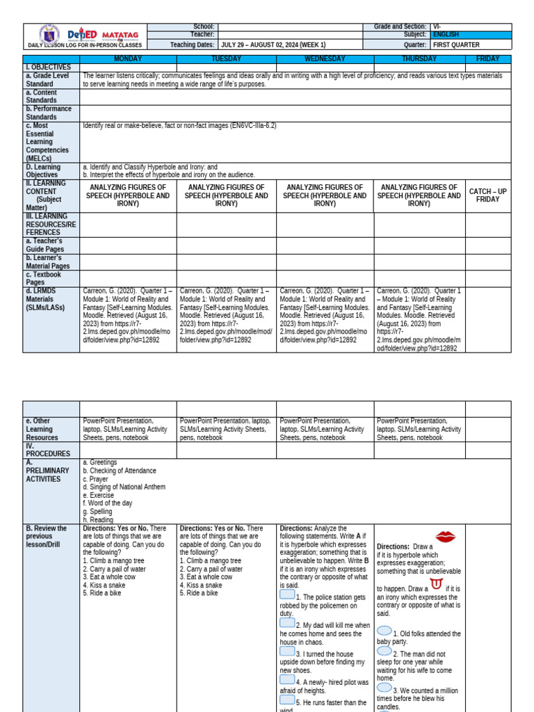 Daily Lesson Log: English Figures of Speech | PDF | Irony | Metaphor