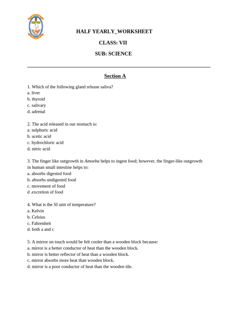 Half Yearly WORKSHEET Class 7 | PDF