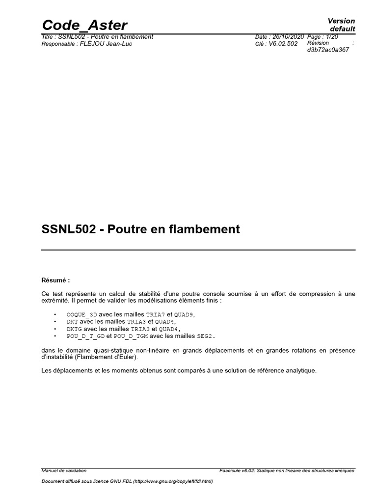 Code - Aster: SSNL502 - Poutre en Flambement | PDF