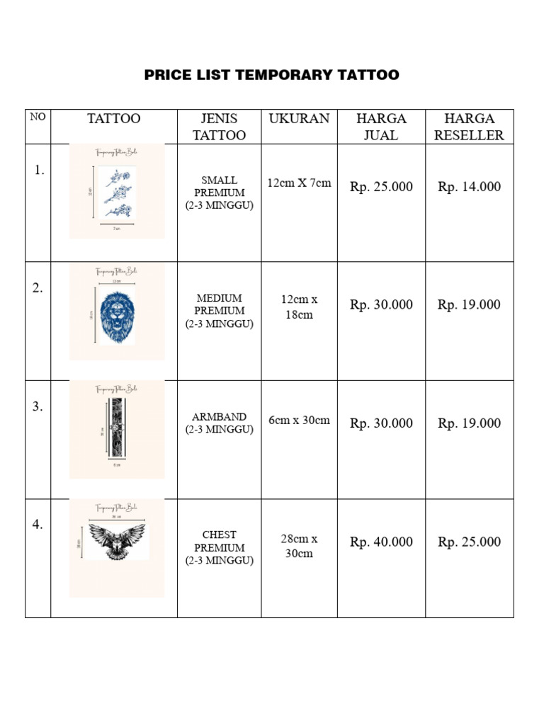 Price List Temporary Tattoo | PDF