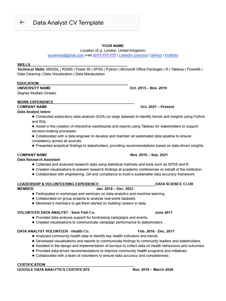 Data Analyst CV Template | PDF