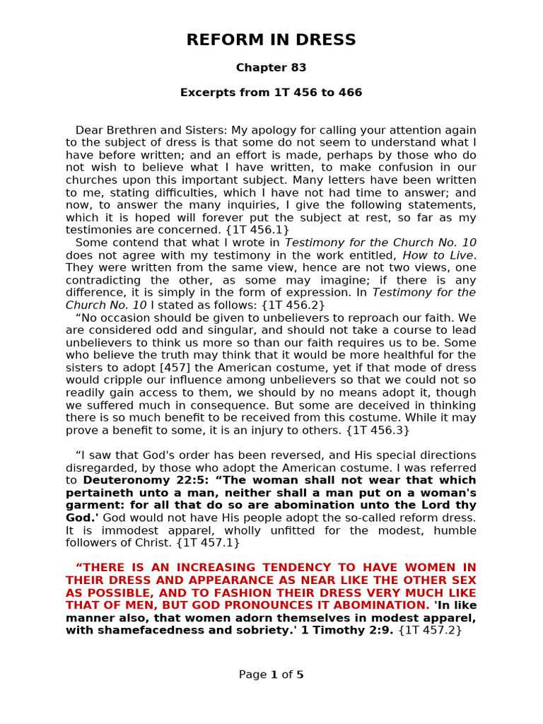 Reforms in Dress (SDA) - Excerpts From 1T 456 To 466 | PDF | Dress ...