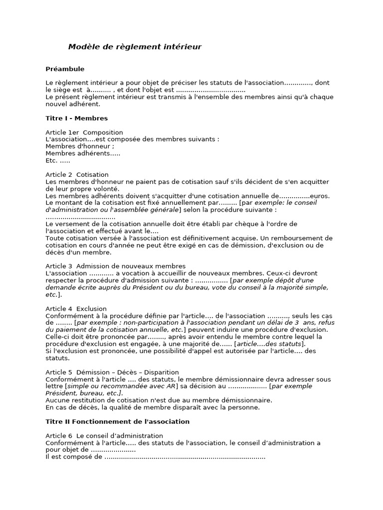 Modele de Reglement Interieur | PDF
