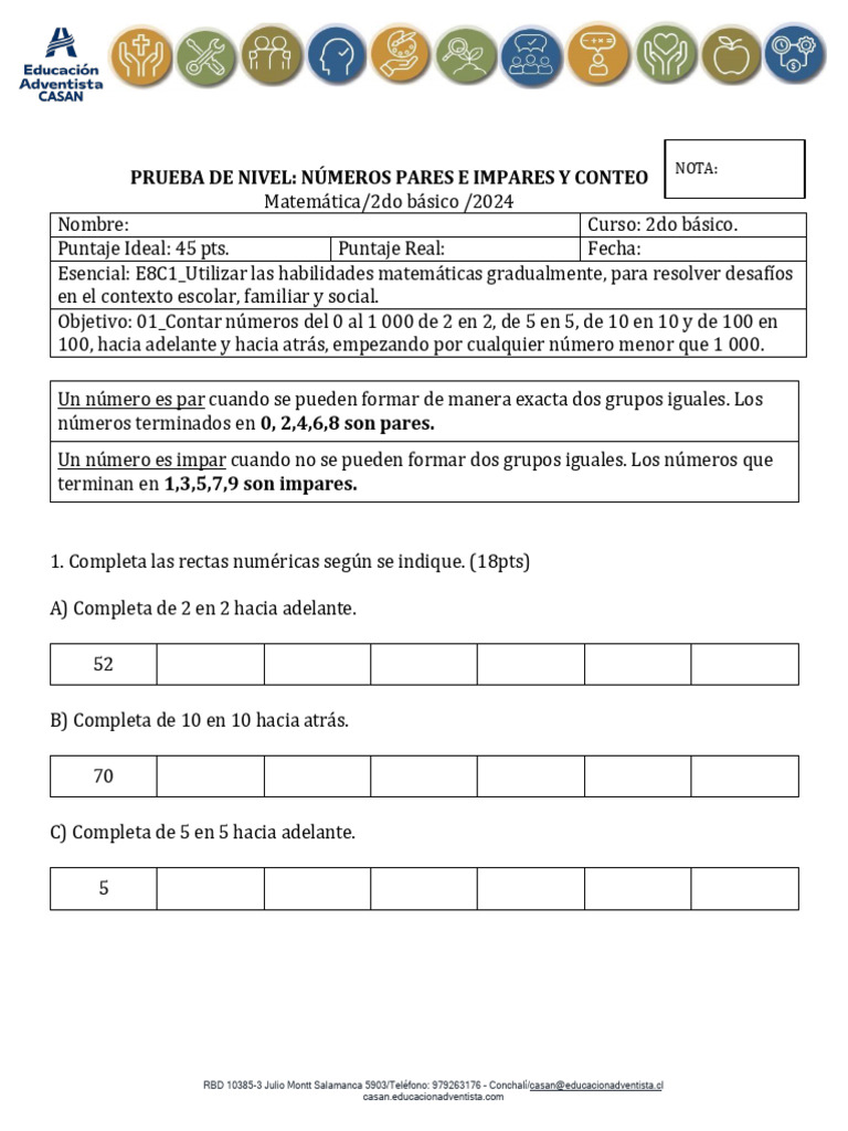 Prueba Conteo y Numeros Pares e Impares | PDF