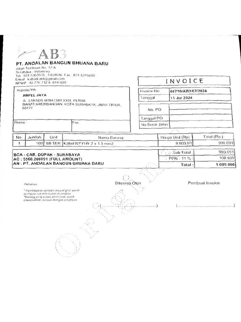 Invoice Kabel 2x1.5 Supreme | PDF