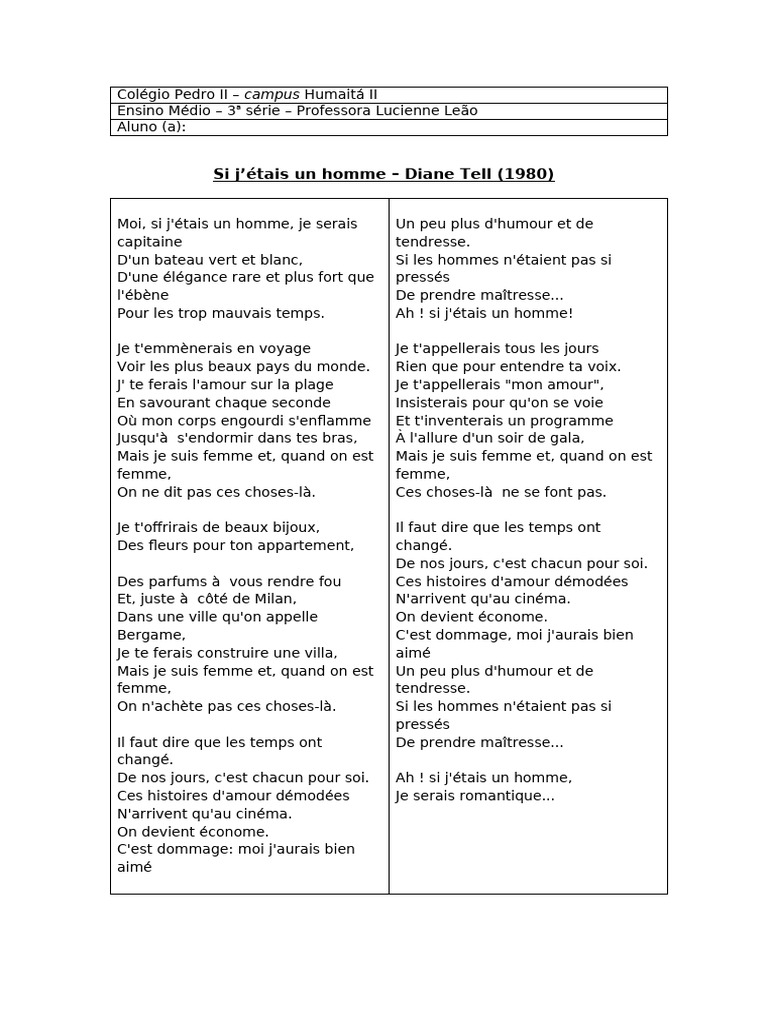 Chanson - Si J'etais Un Homme | PDF