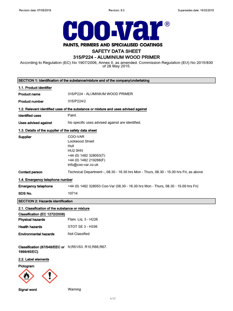 Coo Var Aluminium Wood Primer MSDS | PDF