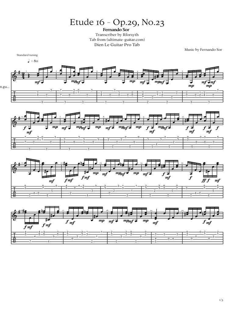 Etude 16 - Op.29, No.23 (Fernando Sor) For Classical Guitar With Tab | PDF