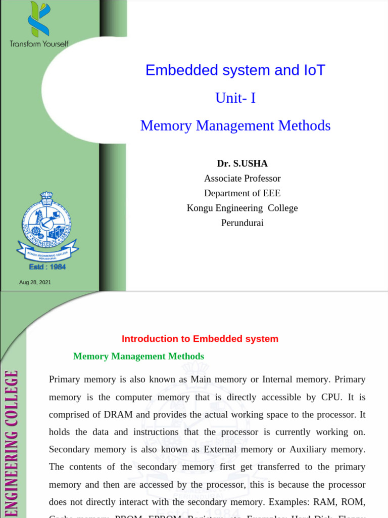 Embedded System and Iot Unit-I Memory Management Methods | PDF