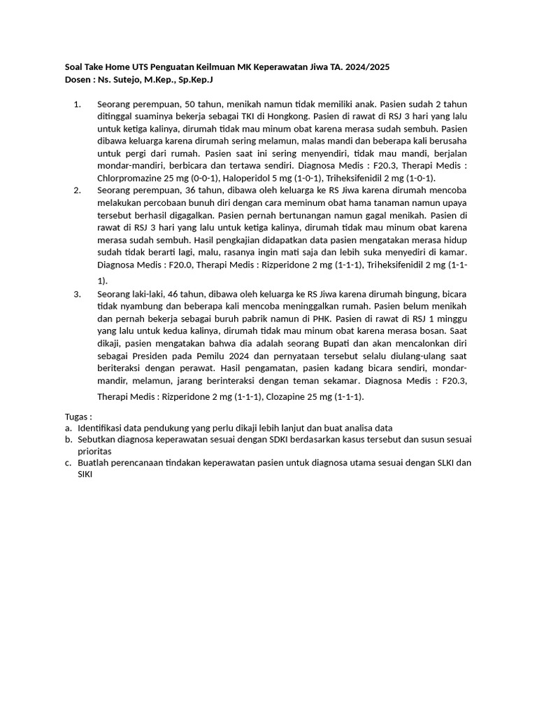 Soal Take Home UTS Penguatan Keilmuan MK Keperawatan Jiwa Tahun 2024 | PDF