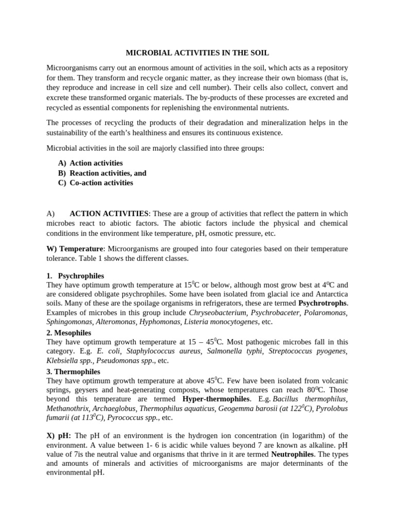 Microbial Activities in The Soil, Action Activities | PDF