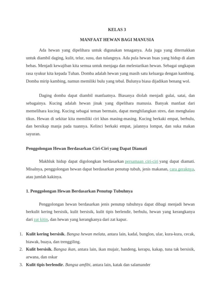 Kelas 3 Manfaat Hewan Bagi Manusia | PDF