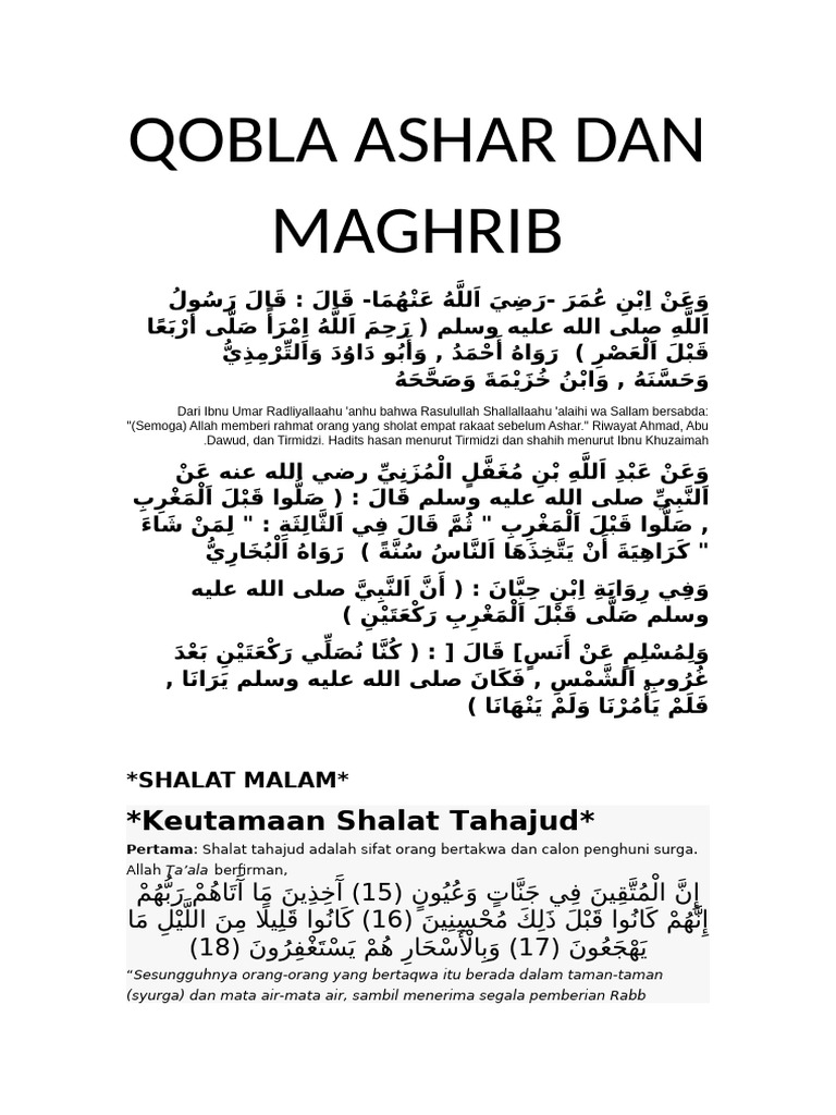 Qobla Ashar Dan Maghrib Dan Tahajud | PDF