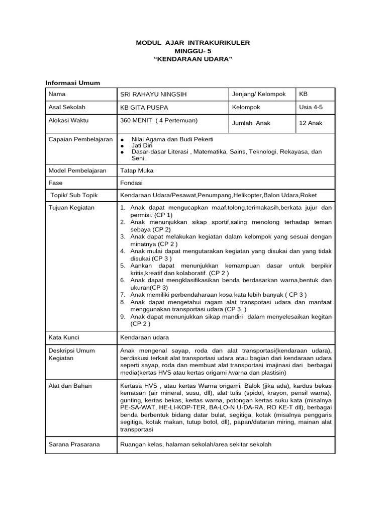 Modul Ajar Topik Kendaraan Udara Paud | PDF