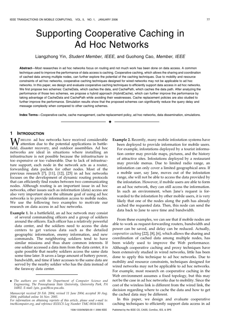 Supporting Cooperative Caching in Ad Hoc Networks: Liangzhong Yin ...