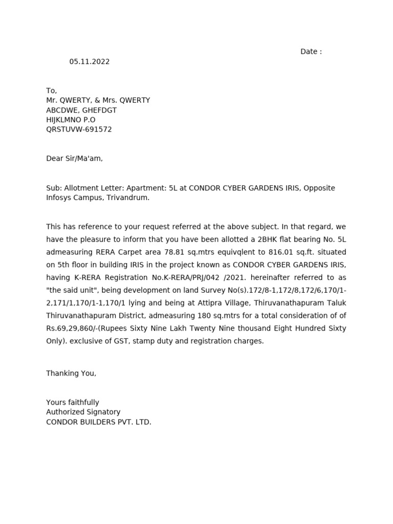 Allotment Letter | PDF | Home & Garden
