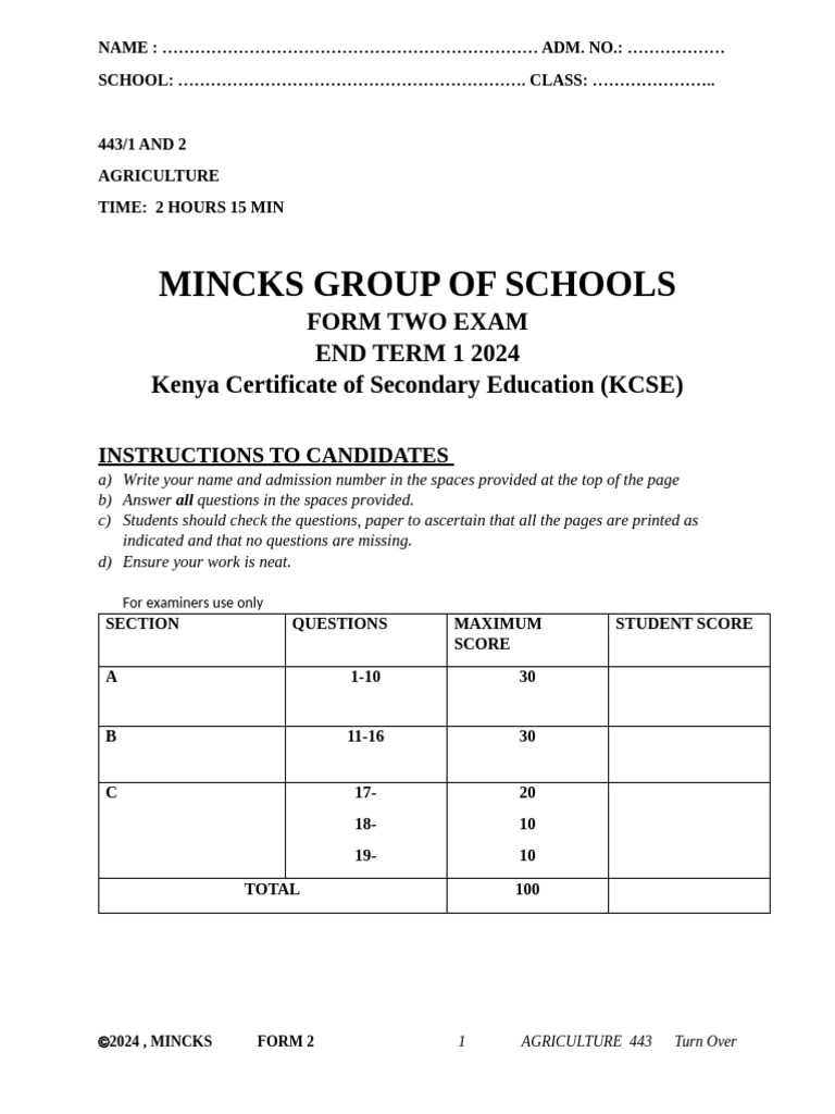 Agriculture Form 2. Exam | PDF