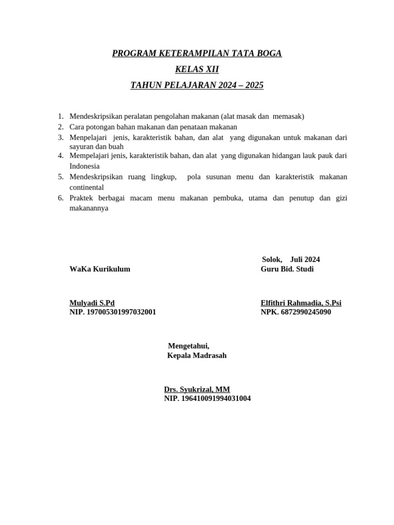 Program Keterampilan Tata Boga | PDF