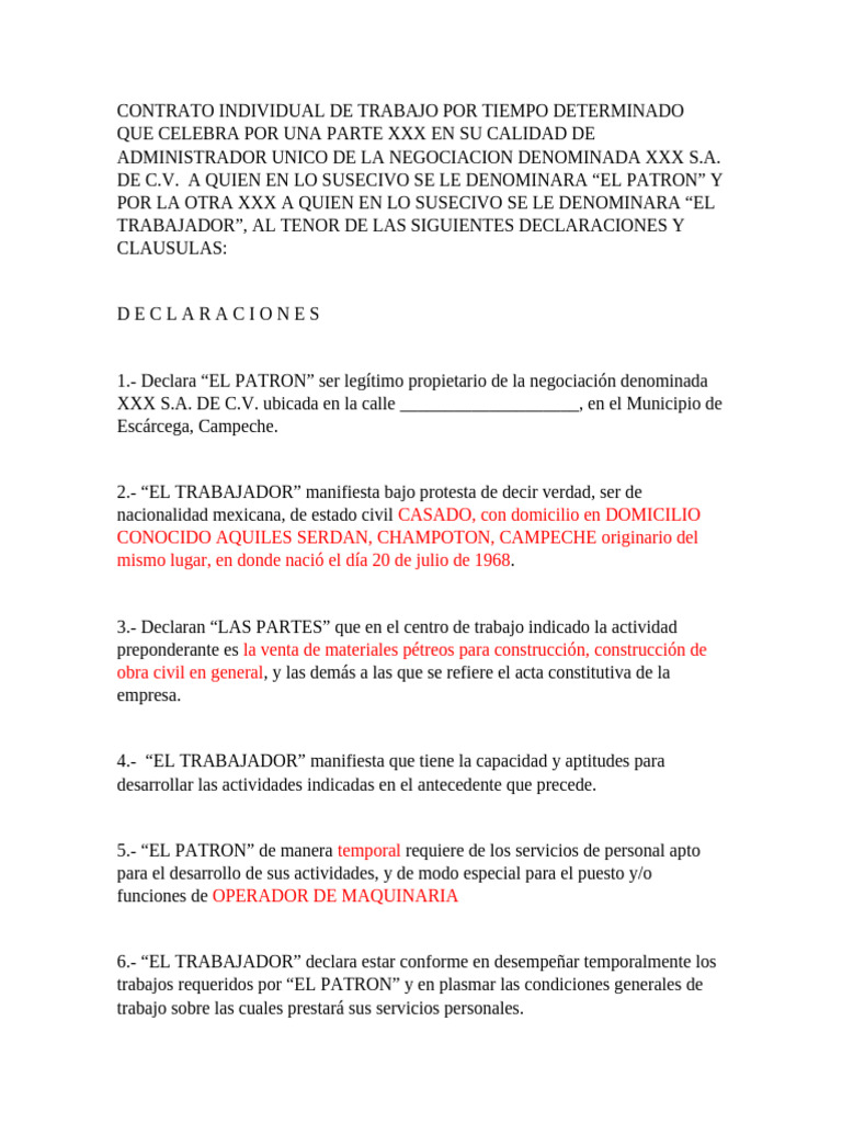 Contrato Individual de Trabajo | PDF | Salario | Finanzas y dinero