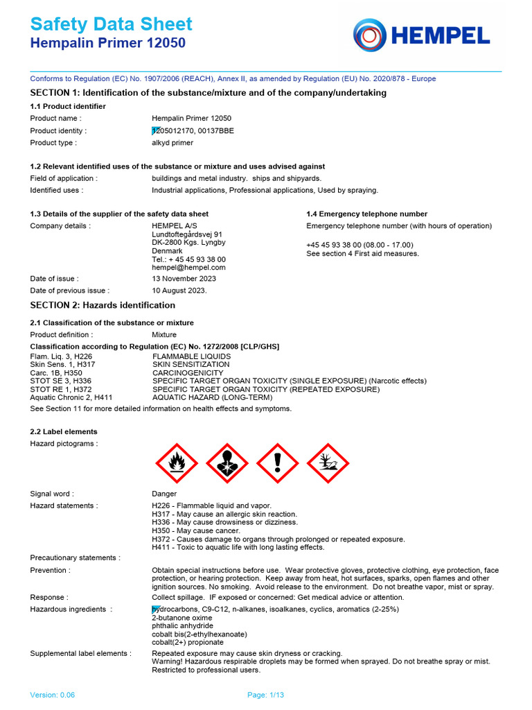 Safety Data Sheet: Hempalin Primer 12050 | PDF