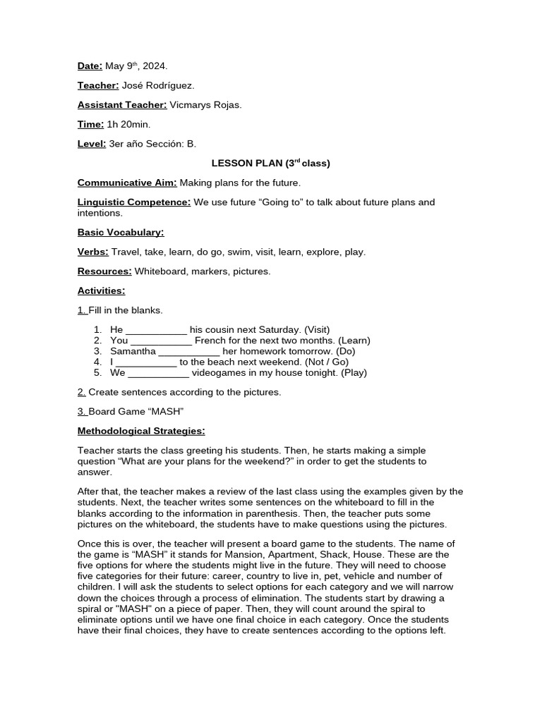 Future Going To Lesson Plan 3 - José Rodriguez | PDF