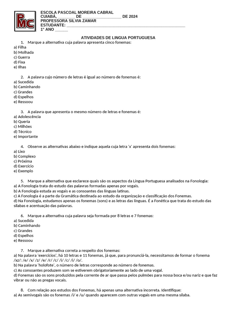 Ativ Fonema - 1 Ano | PDF