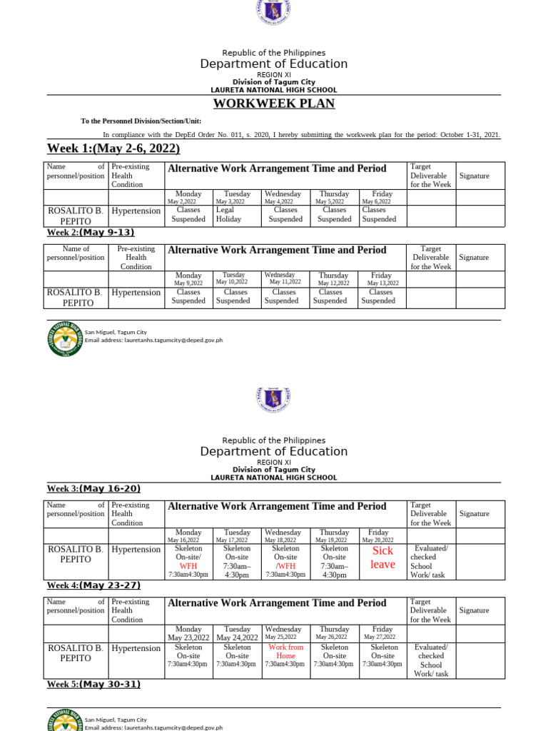 Workweek Plan Template Lito May 2022 | PDF