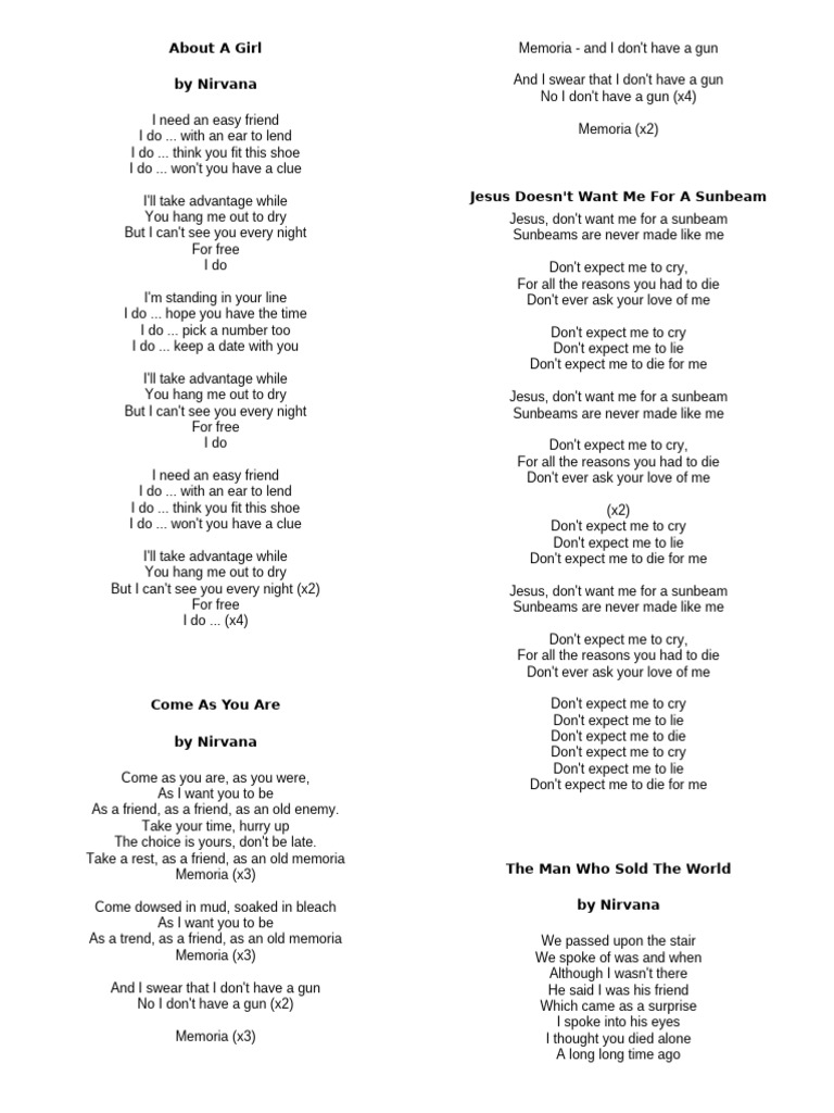 Nirvana Unpleggled - Song Activity | PDF