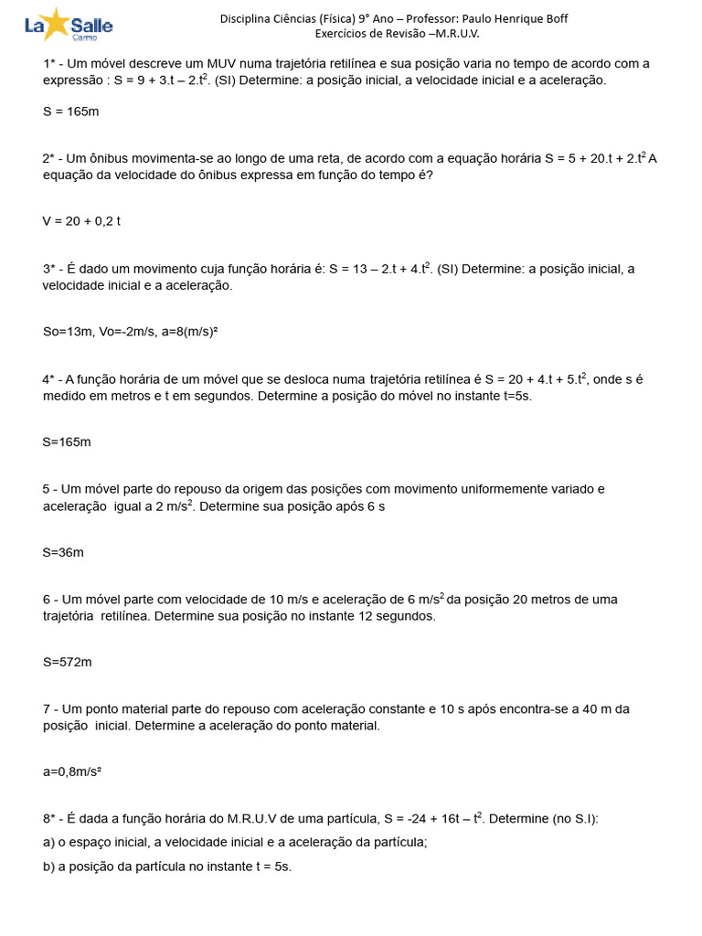 Exercícios - M.R.U.V. | PDF