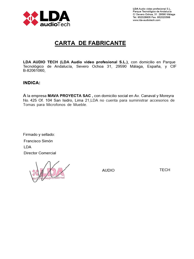 Carta LDA AUDIO TECH - MAVA PROYECTA SAC | PDF