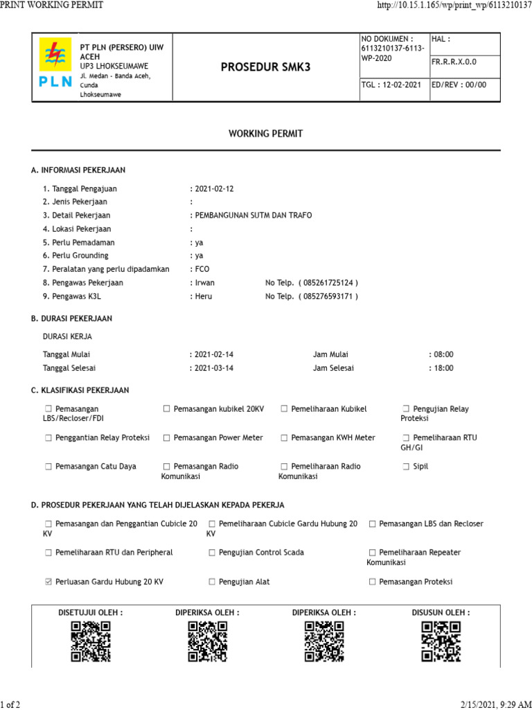 Working Permit (WP) | PDF | Electric Power