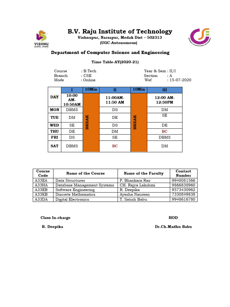 II CSE I SEM - 2020-21 - Time - Table (Wef-15-07-2021) - Final (V.1) | PDF