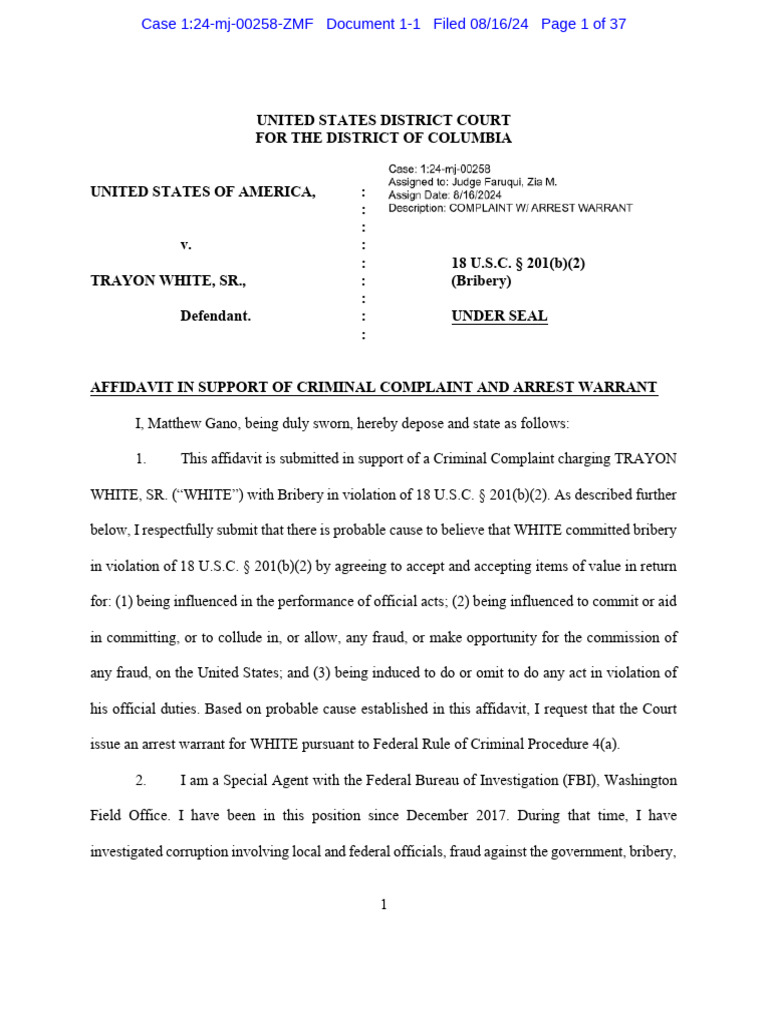 Trayon White Bribery Indictment Affidavit | PDF | Probable Cause ...