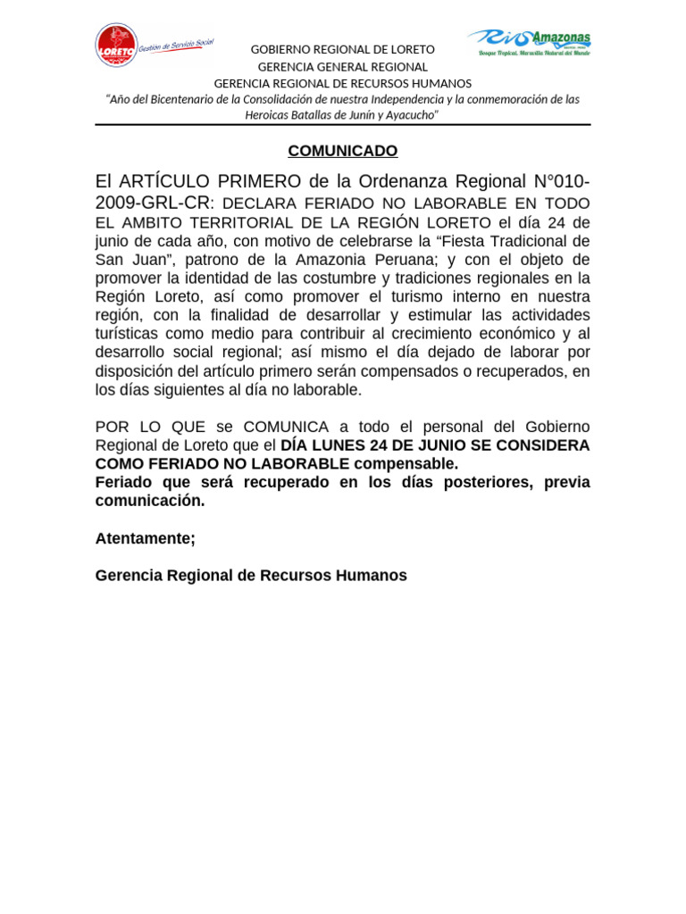 Comunicado RRHH Feriado 24jun | PDF