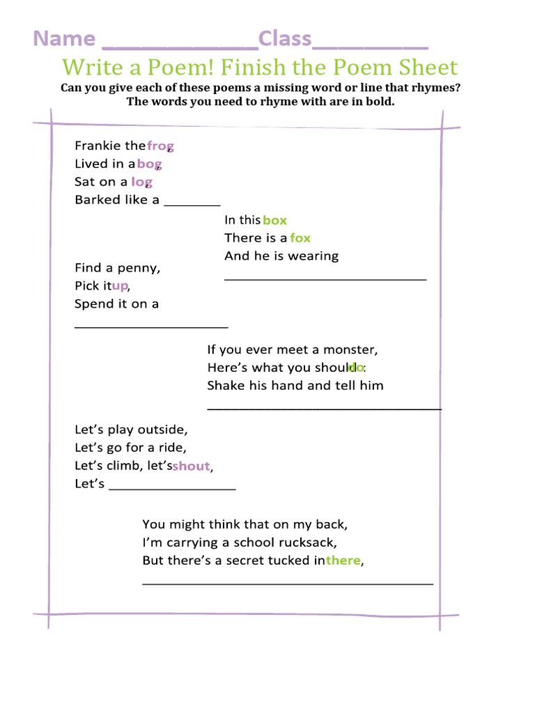 Finish The Poem Sheet-1 | PDF