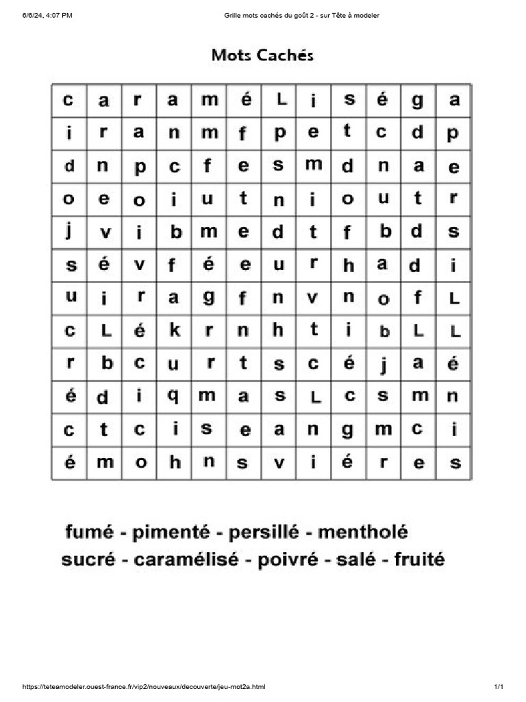 Grille Mots Cachés Du Goût 2 - Sur Tête À Modeler | PDF