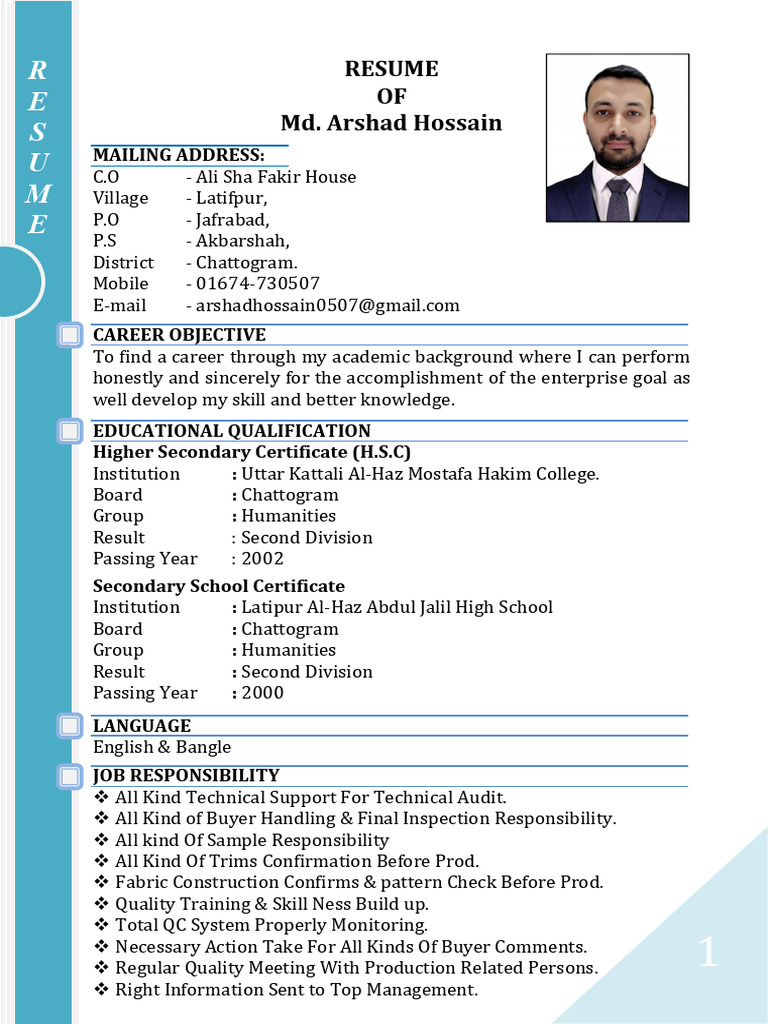 R E S U M E: Resume OF Md. Arshad Hossain | PDF