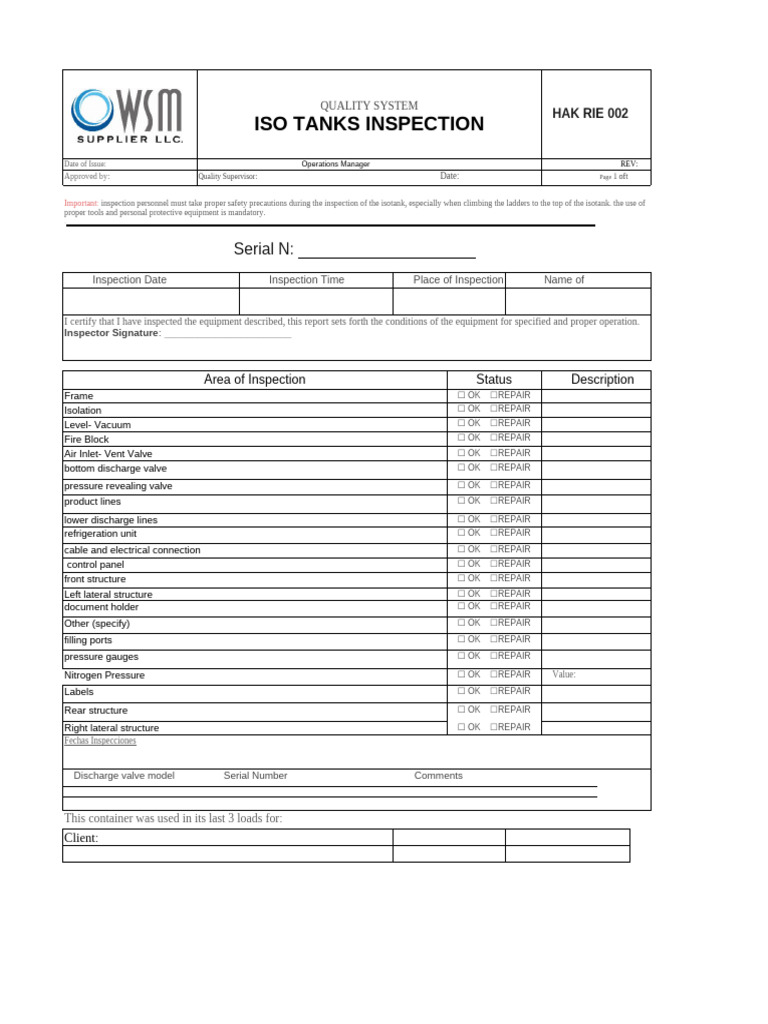 Iso Tank Checklist Template | PDF