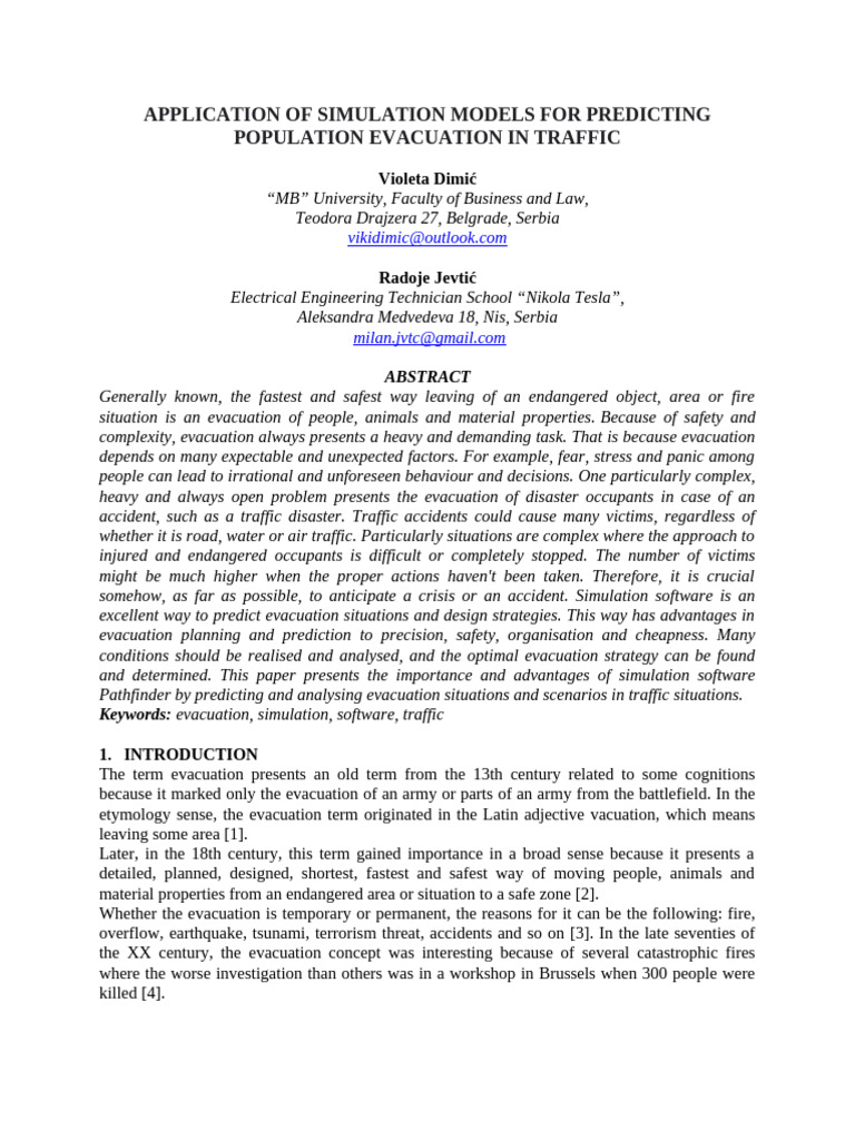 Application of Simulation Models For Predicting Population Evacuation in Traffic | PDF ...