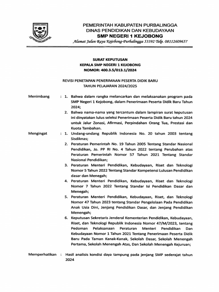 SK Revisi Pengumuman PPDB | PDF