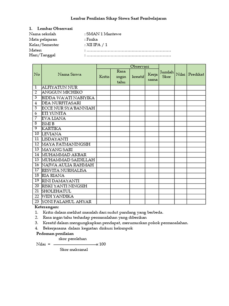 Lembar Observasi Sikap | PDF