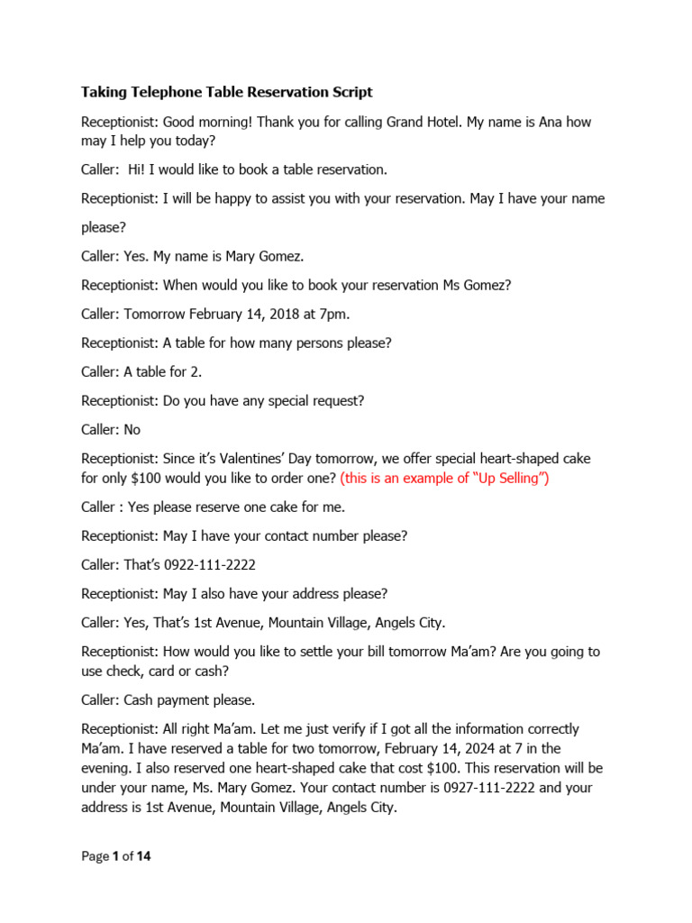 Taking Telephone Table Reservation Script | PDF