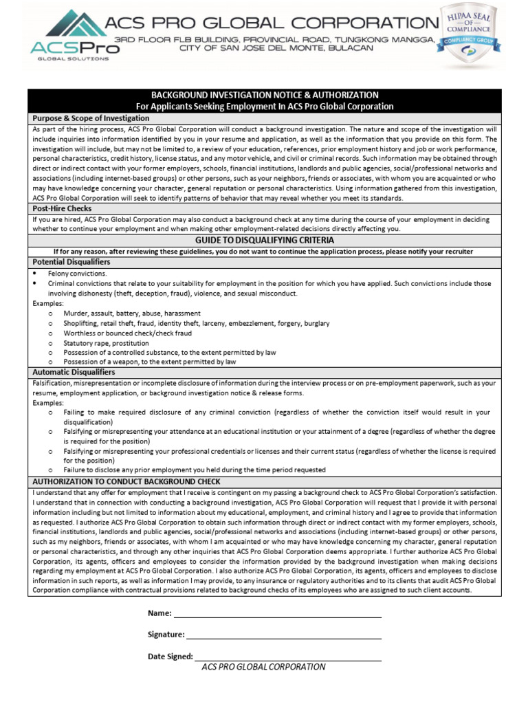 ACS Pro Global Corporation - BGC Form | PDF