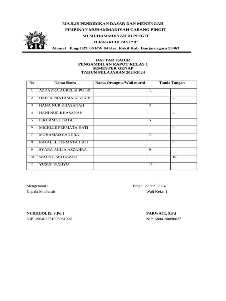 Daftar Pengambilan Rapot | PDF