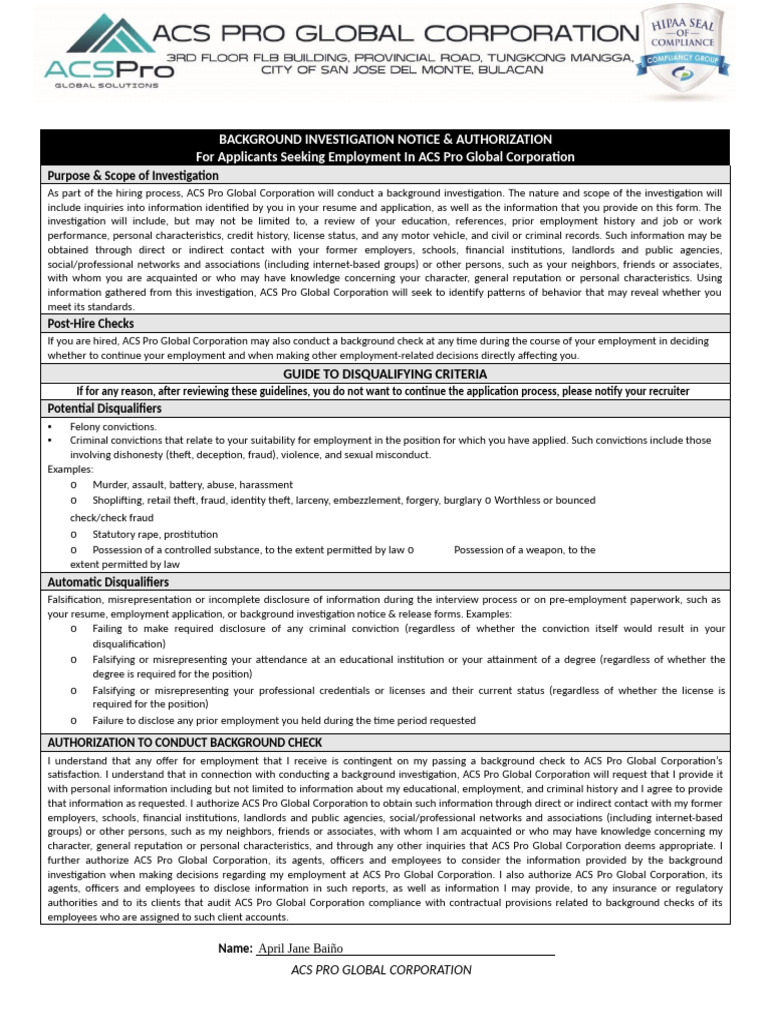 ACS Pro Global Corporation BGC Form April Jane Baiño | PDF