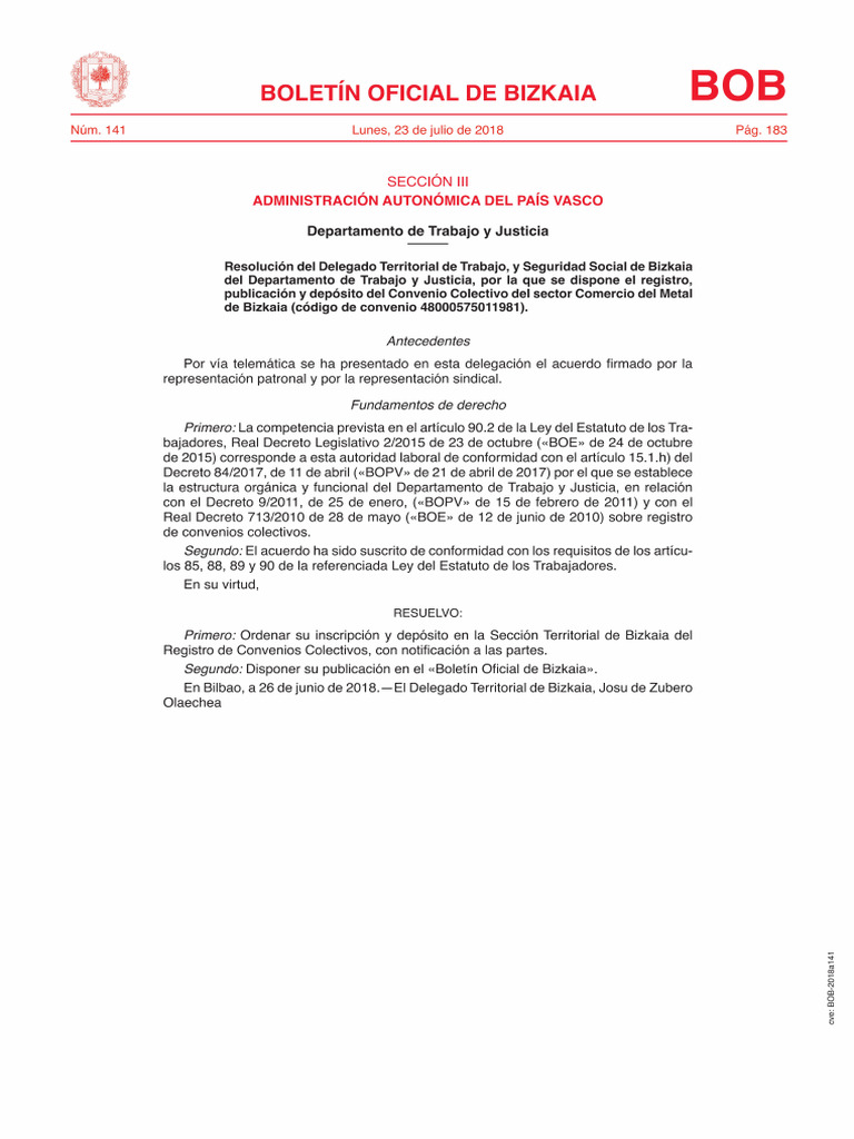 Convenio Comercio Metal Bizkaia (BOB) | PDF